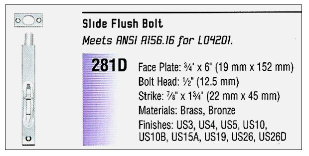 Hager Flush Bolt 281D 282D 283D 292D - New Gold Bond Marketing Corporation
